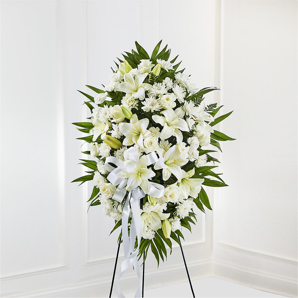 Exquisite Tribute Standing Spray-White Ribbon–Antonio Flowers & Gifts